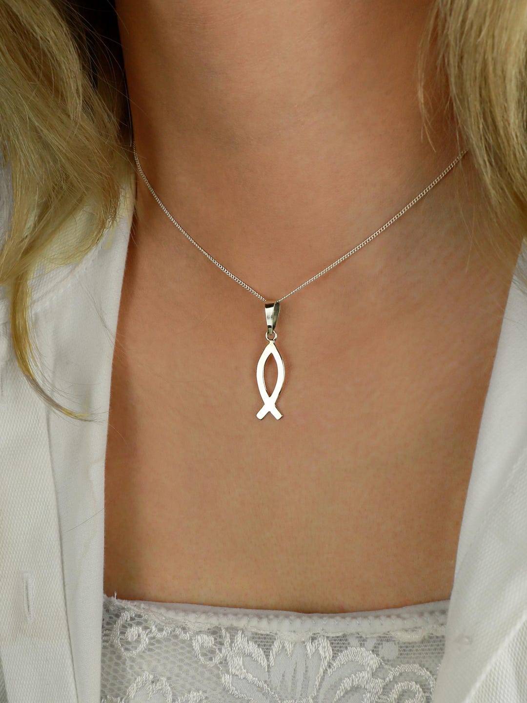 Ichthus Jesus Fish Necklace 925 Sterling Silver Ichthys Pendant Fish Baptism Gift Communion ...