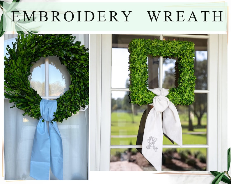 Monogram Wreath Sash, Wreath, Thanksgiving, Boxwood, Embroidered ...