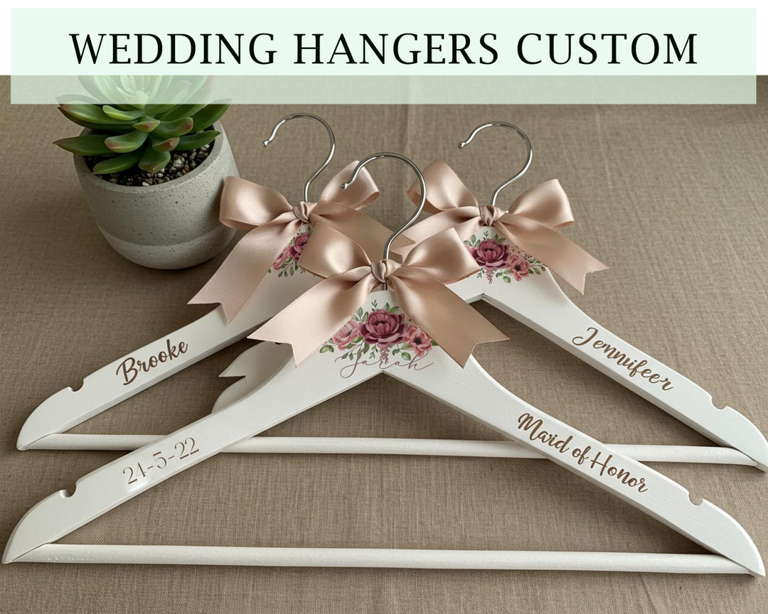 Wedding White Wooden Hanger With Floral Design & Satin Bow - Bridal ...