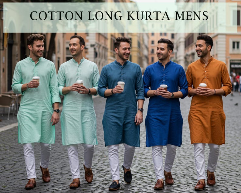 Men’s Indian Cotton Kurta Authentic Long Ethnic Tunic Lightweight ...