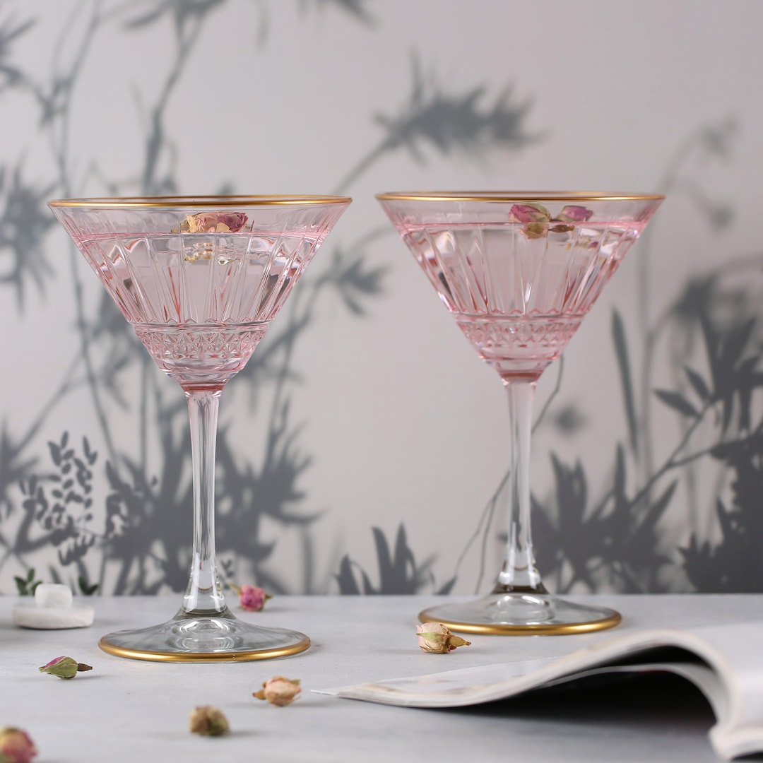 Colored Art Deco Cocktail Glasses Gold Rimmed Vintage Martini Set Pink Cocktail Art Pink