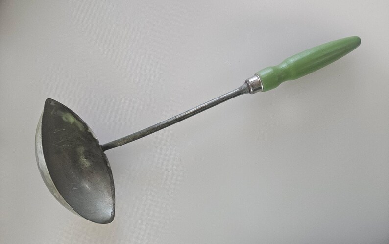 Vintage Antique 1930s Metal Soup Serving Ladle With Painted Green Wood ...