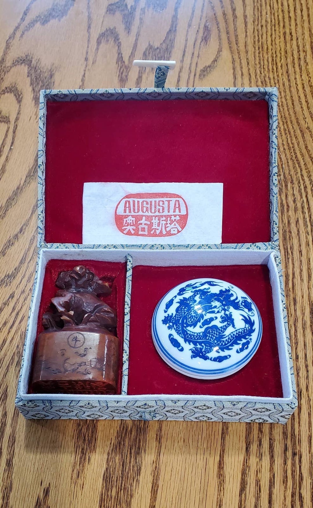 Chinese Red Ink Paste Stamp Set With Carved Soap Stone Water Buffalo ...