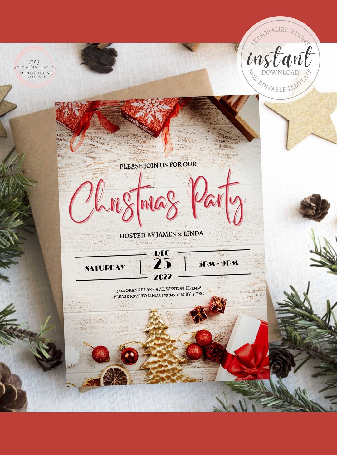Red Gold Christmas Party Invitation Template, Christmas Dinner ...