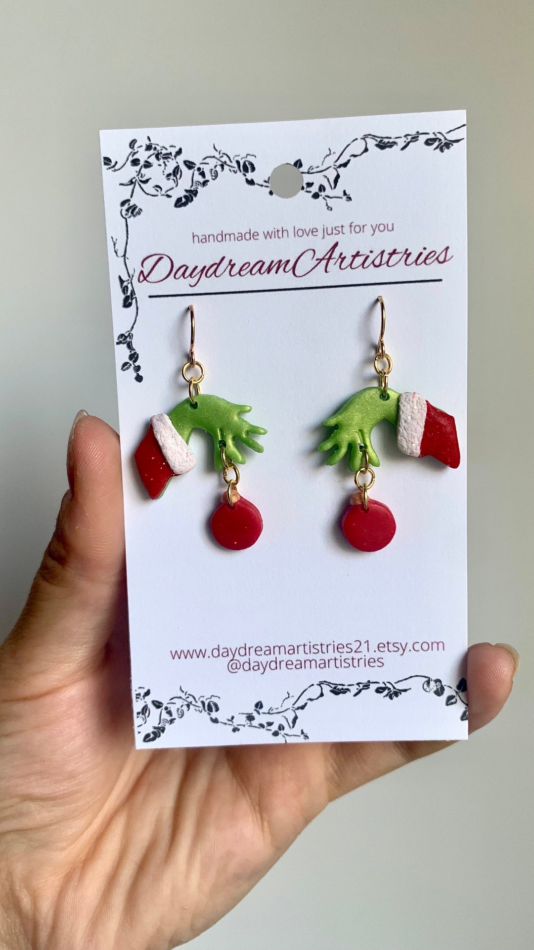 Grinch Hand Ornament Earrings // Cute Festive Gold Character Holiday ...