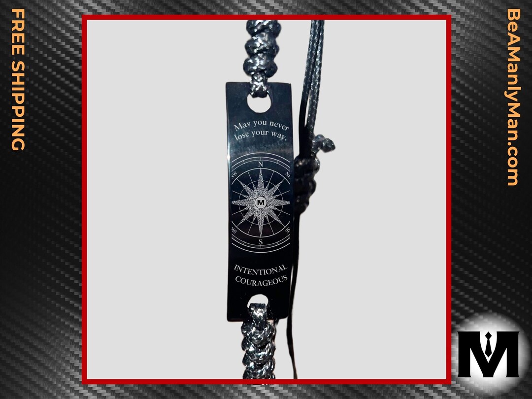 Men's Black String Compass Bracelet | Engraved W/ Compass, Saying ...