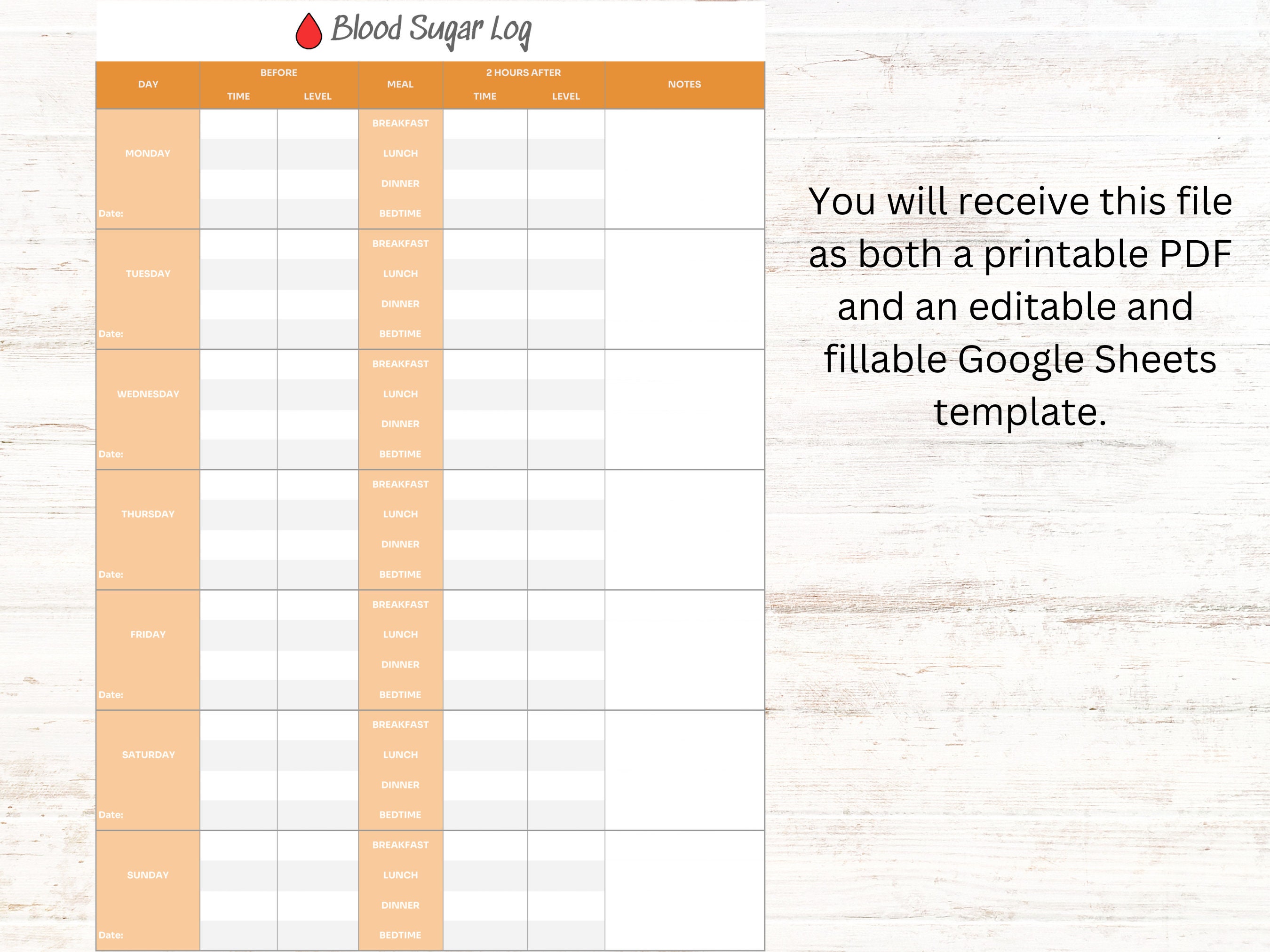 Editable and Printable Blood Sugar Log Chart for Diabetes Management ...