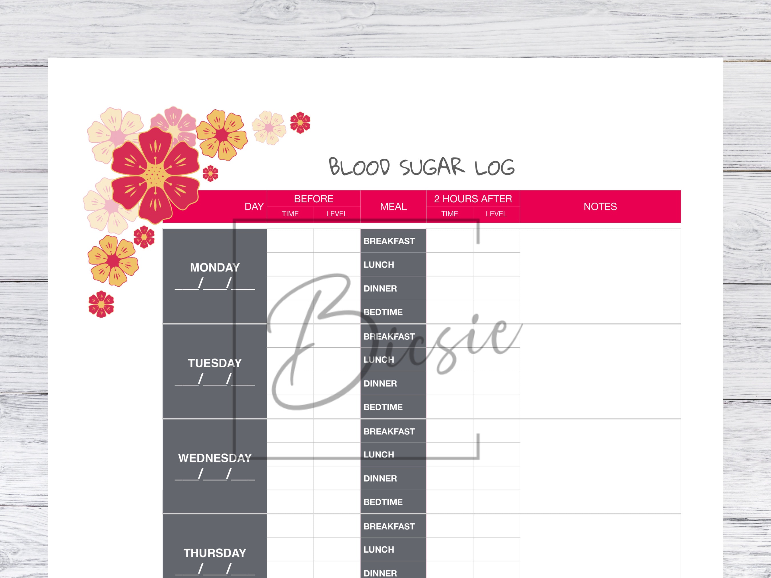 Blood Sugar Log Printable Chart for Diabetes Management Health Tracker ...