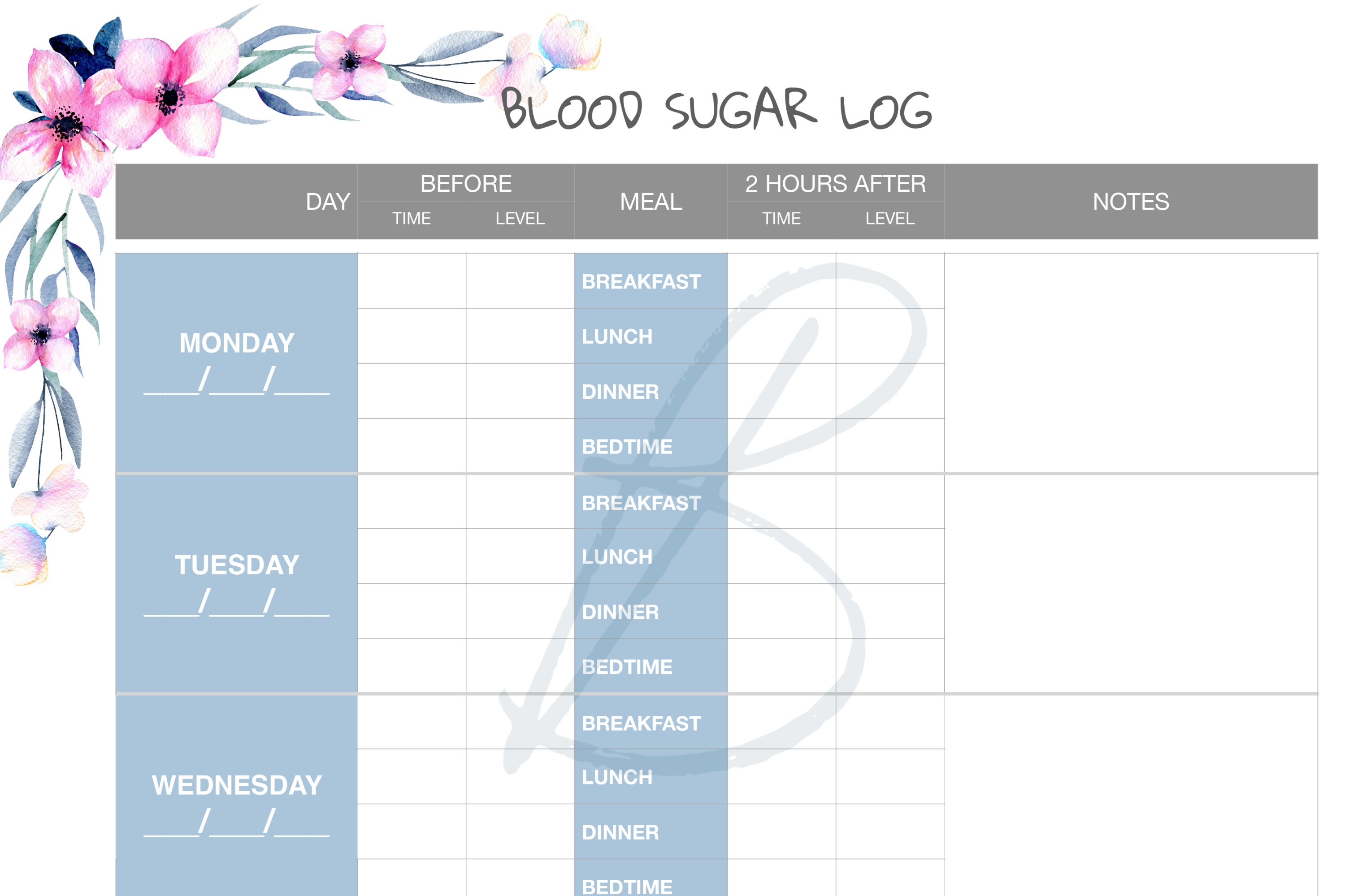 Blood Sugar Log Printable Chart for Diabetes Management Health Tracker ...