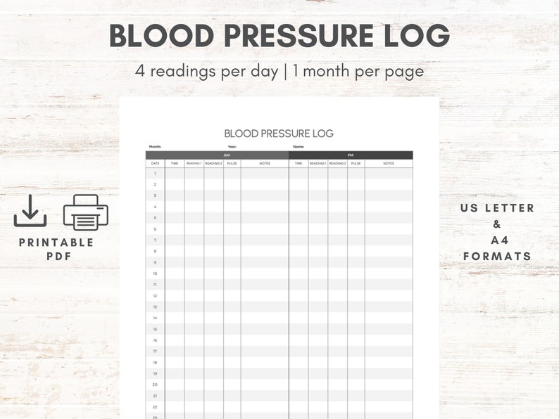 Printable Blood Pressure Log Medical Tracker Blood Pressure Tracker ...