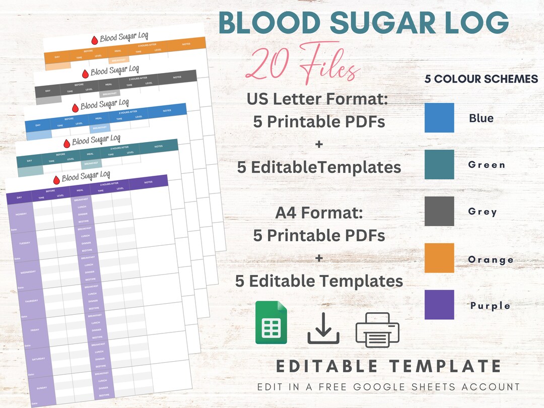 Editable and Printable Blood Sugar Log Chart for Diabetes Management ...