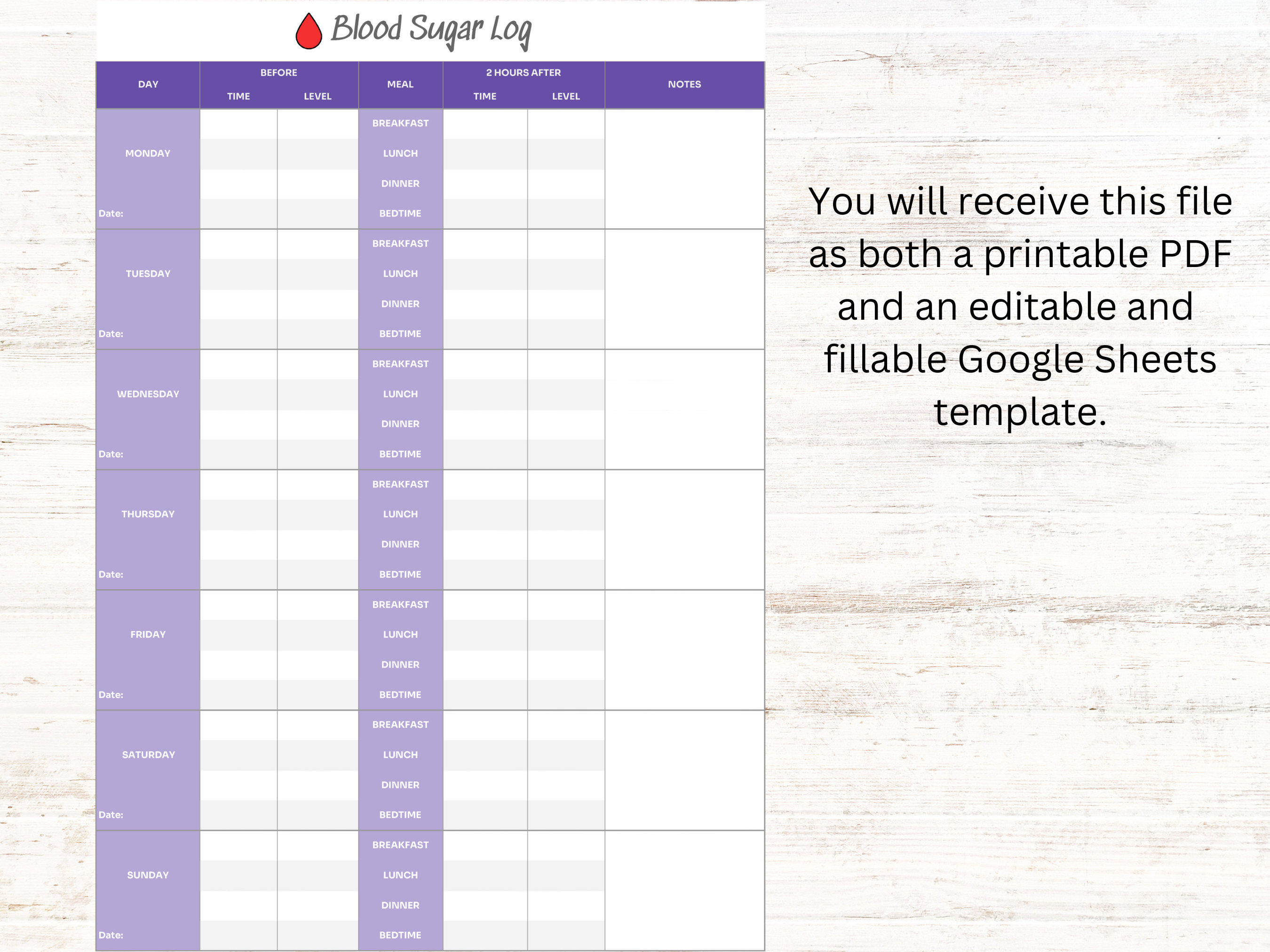 Editable and Printable Blood Sugar Log Chart for Diabetes Management ...