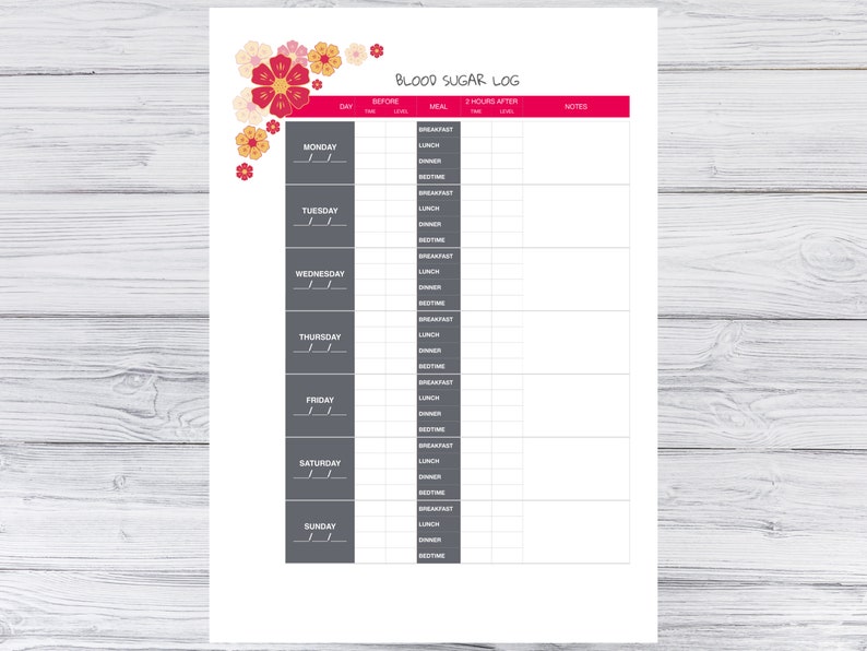 Blood Sugar Log Printable Chart for Diabetes Management Health Tracker ...