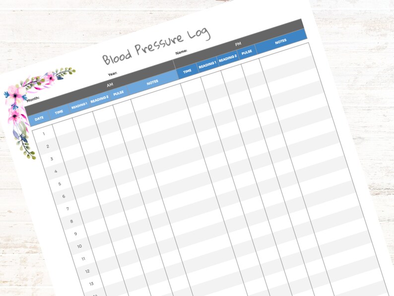 Daily Blood Pressure Log Printable Blood Pressure Chart for ...