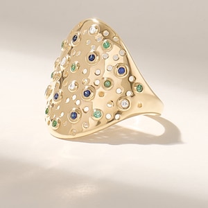 14k Solid Gold Gemstone Cluster Ring for Women, Emerald Sapphire Diamond Band, Bold Colorful ...