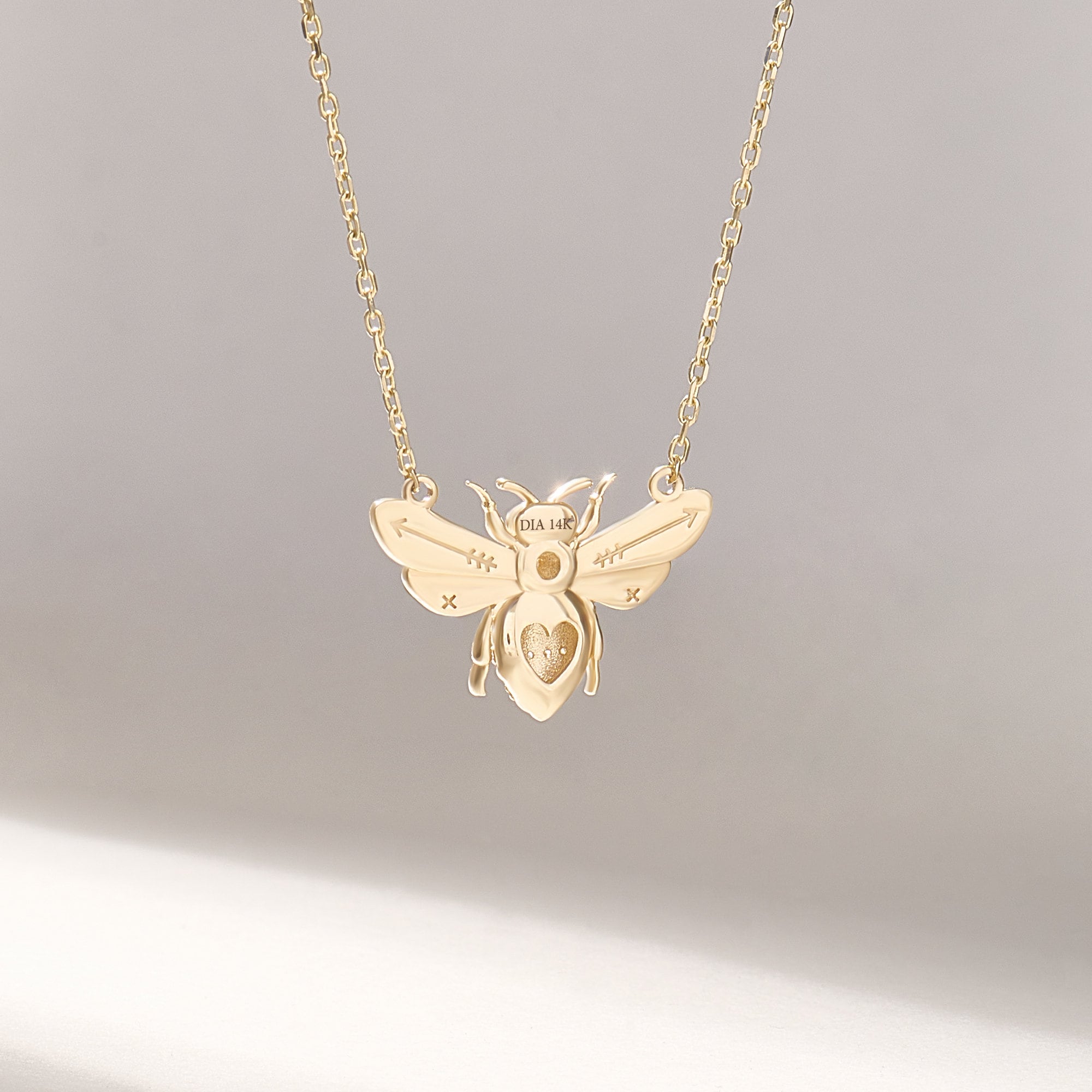 14k Solid Gold Realistic Bee Necklace, Pave Diamond 3D Honey Bee ...
