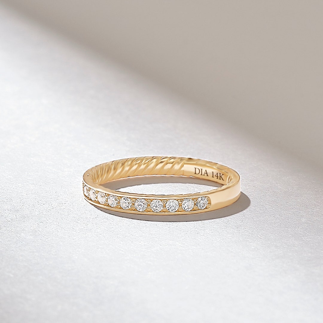 14k Solid Gold Channel Set Diamond Half Eternity Ring With Twisted Rope ...