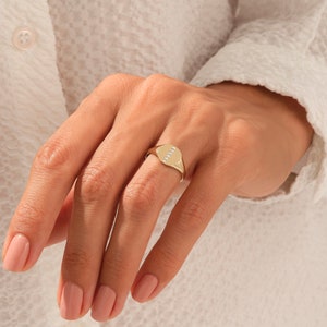 Pave Diamond Line Signet Ring 14k 18k 10k Solid Gold Pinky Ring Flat Top Signet Ring Women Dome ...