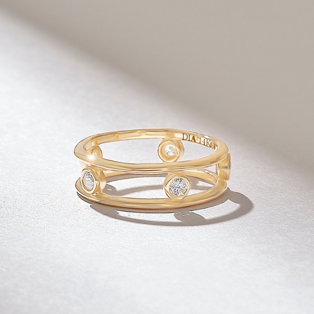 Double Band Distance Ring 14k Solid Gold Round Bezel Diamond Wedding ...