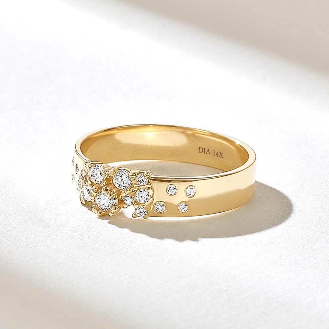 Diamond Wedding Band, 14k Solid Gold Cluster Diamond Ring, Thick ...