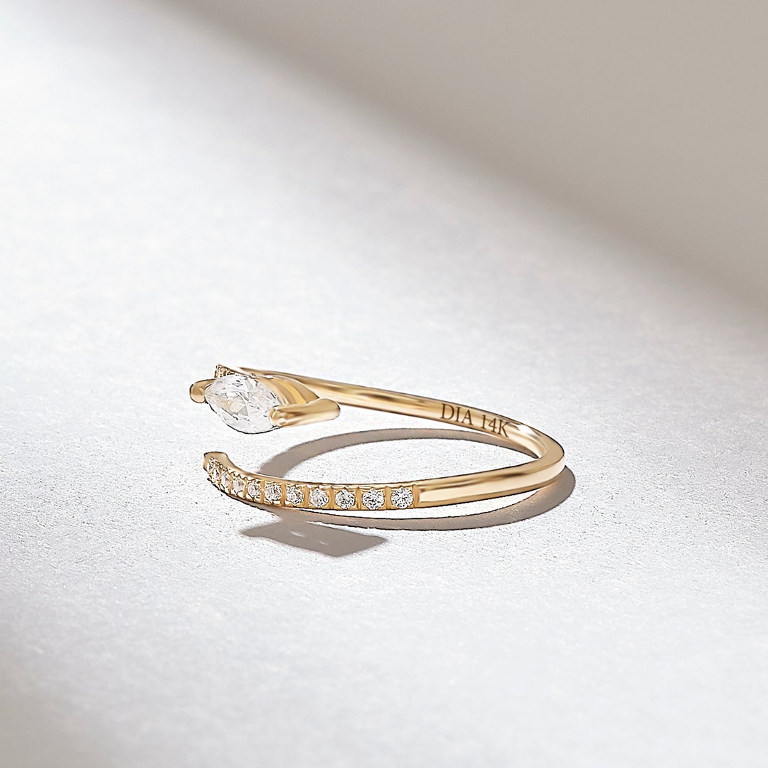 14k Marquise Cut Diamond Bypass Ring, 0.4ct Diamond Wrap Around Ring, Solid Gold Pave Stacking ...