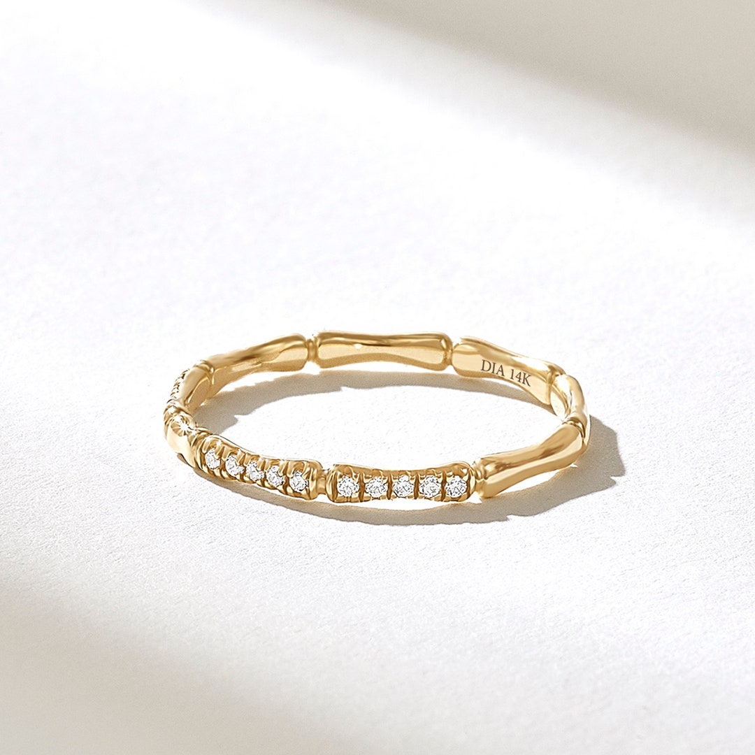 Pave Diamond Bone Ring 14k Solid Gold Bamboo Ring Half Eternity ...