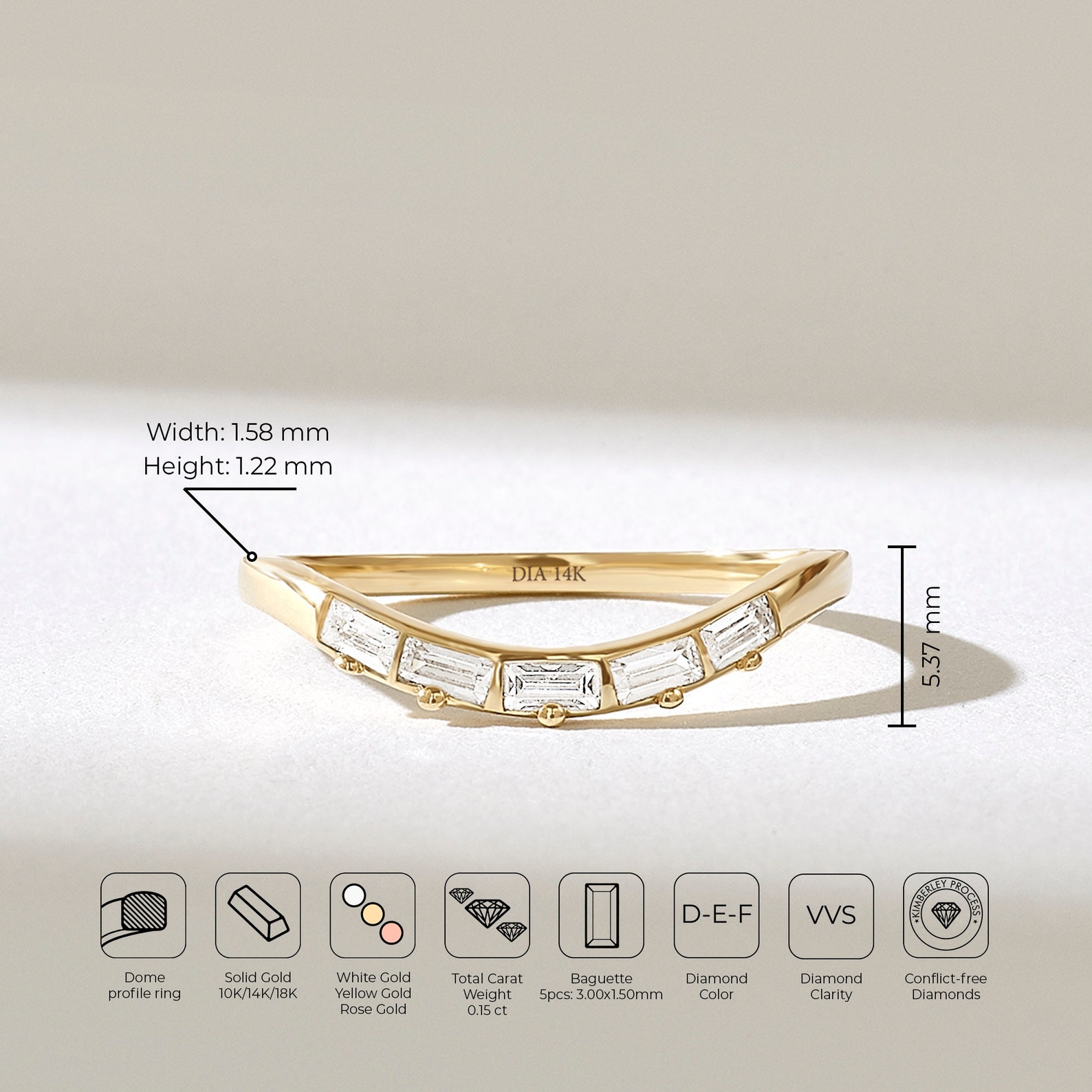Baguette Diamond Curved Wedding Band, 14k Solid Gold Contour Ring for ...