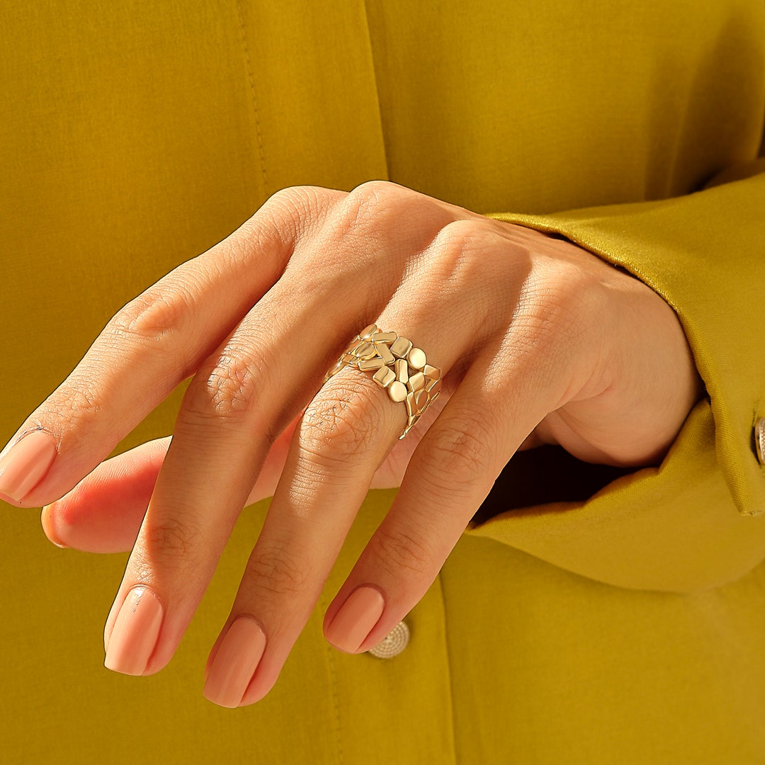 14k Geometric Statement Gold Ring, Rectangle and Round Ring, Solid Gold ...