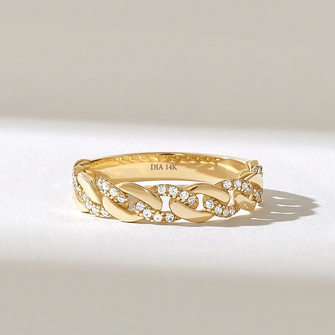 14k Solid Gold Diamond Link Chain Wedding Band, Bold Pave Anniversary ...