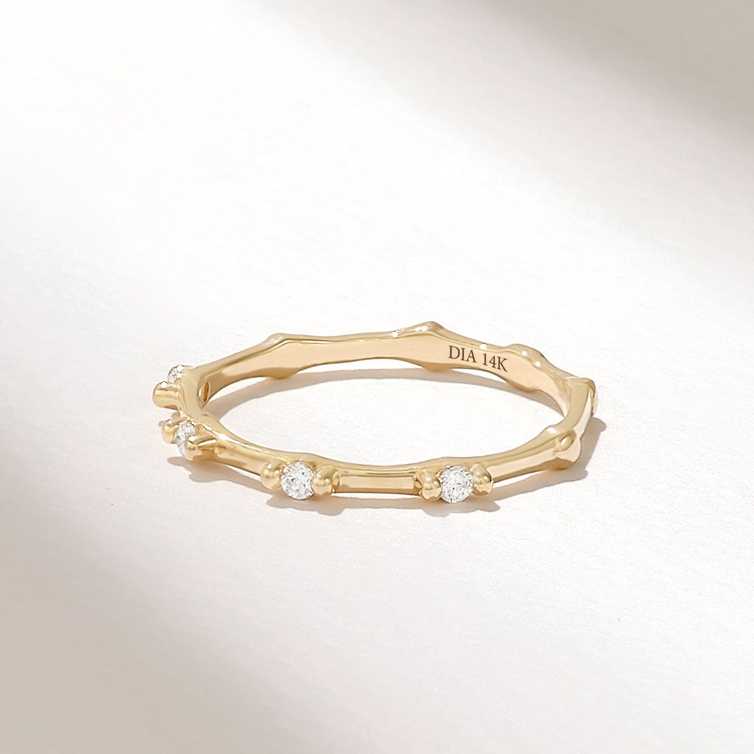 Diamond Bamboo Ring 14K Solid Gold, Minimalist Stackable Ring, Ultra ...