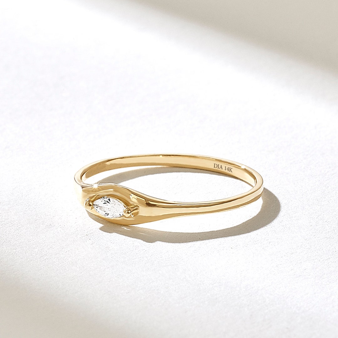 Bezel Diamond Pinky Ring, 14k Solid Gold Minimalist Signet Ring Women, Dainty Diamond Stacking ...