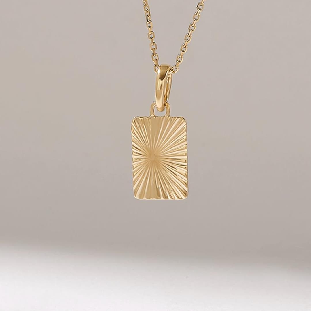 Rectangle Solid Gold Pendant Necklace 14k Gold Sun Pendant With 3mm ...