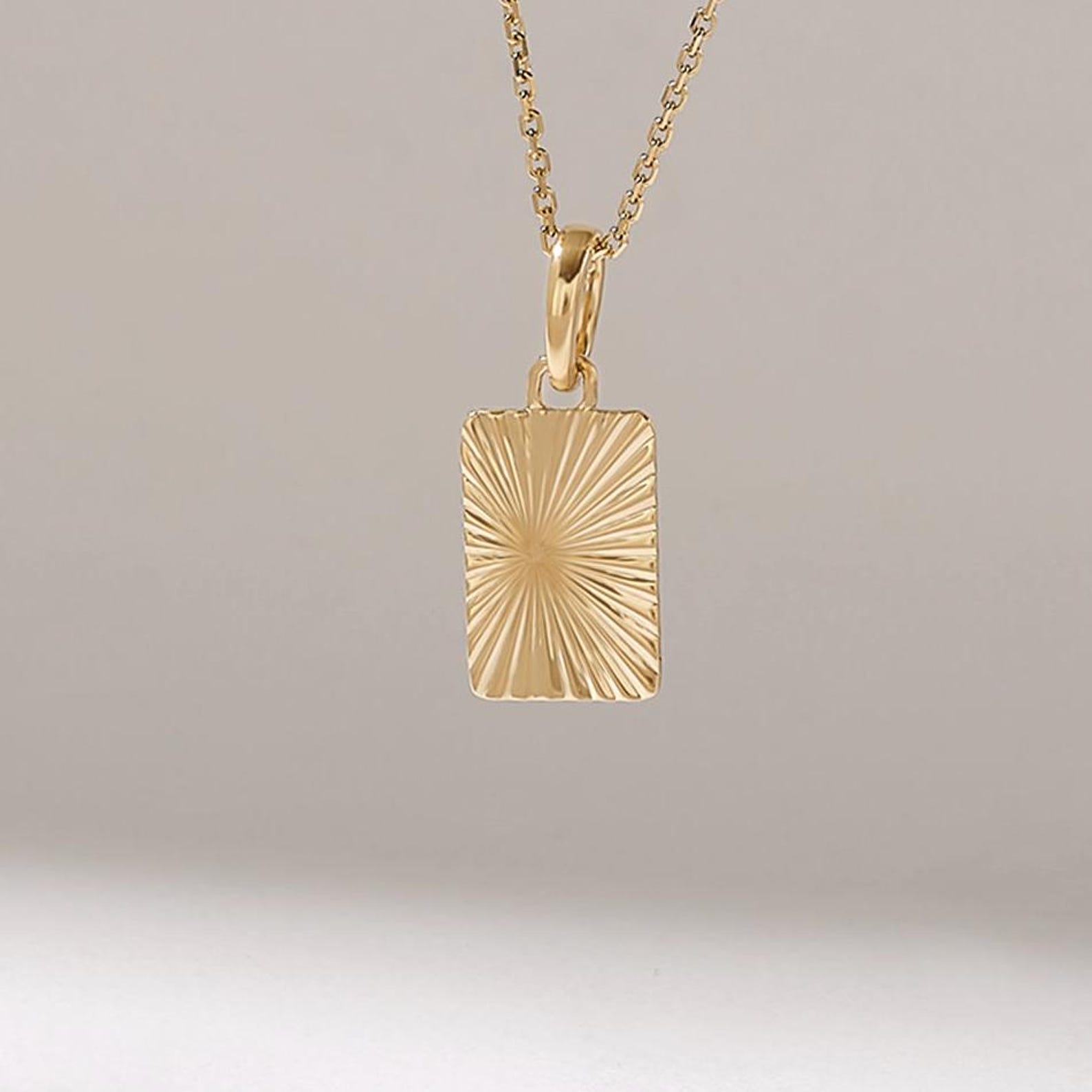 Rectangle Solid Gold Pendant Necklace 14k Gold Sun Pendant With 3mm ...