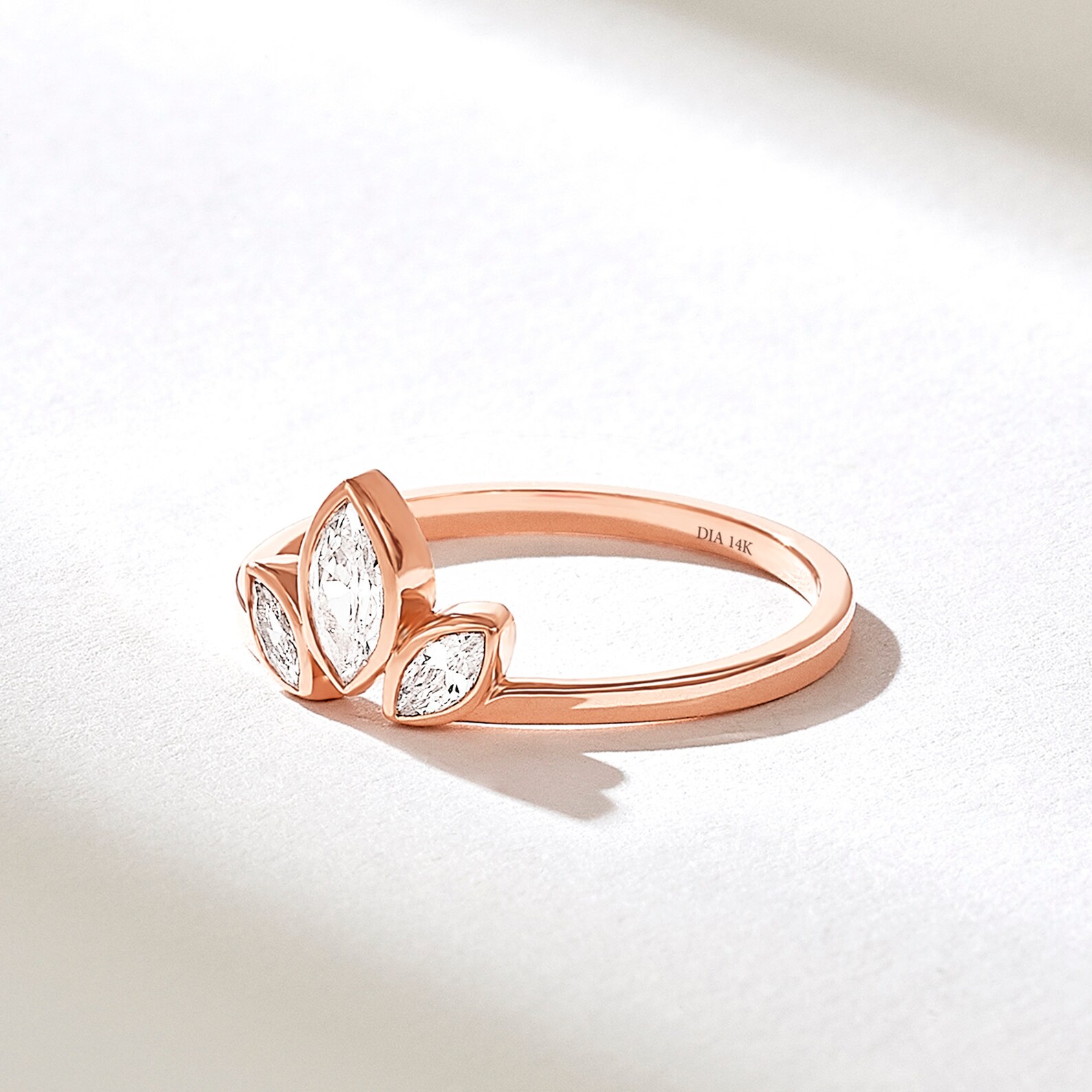 Diamond Lotus Engagement Ring – 14k Solid Gold Marquise Trilogy Ring ...