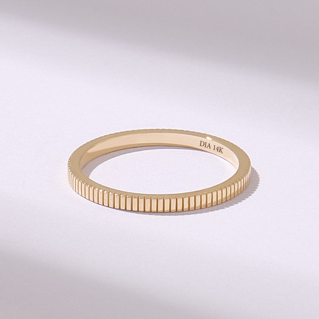 14k Gold Line Pattern Ring, Solid Gold Simple Wedding Band, Plain ...