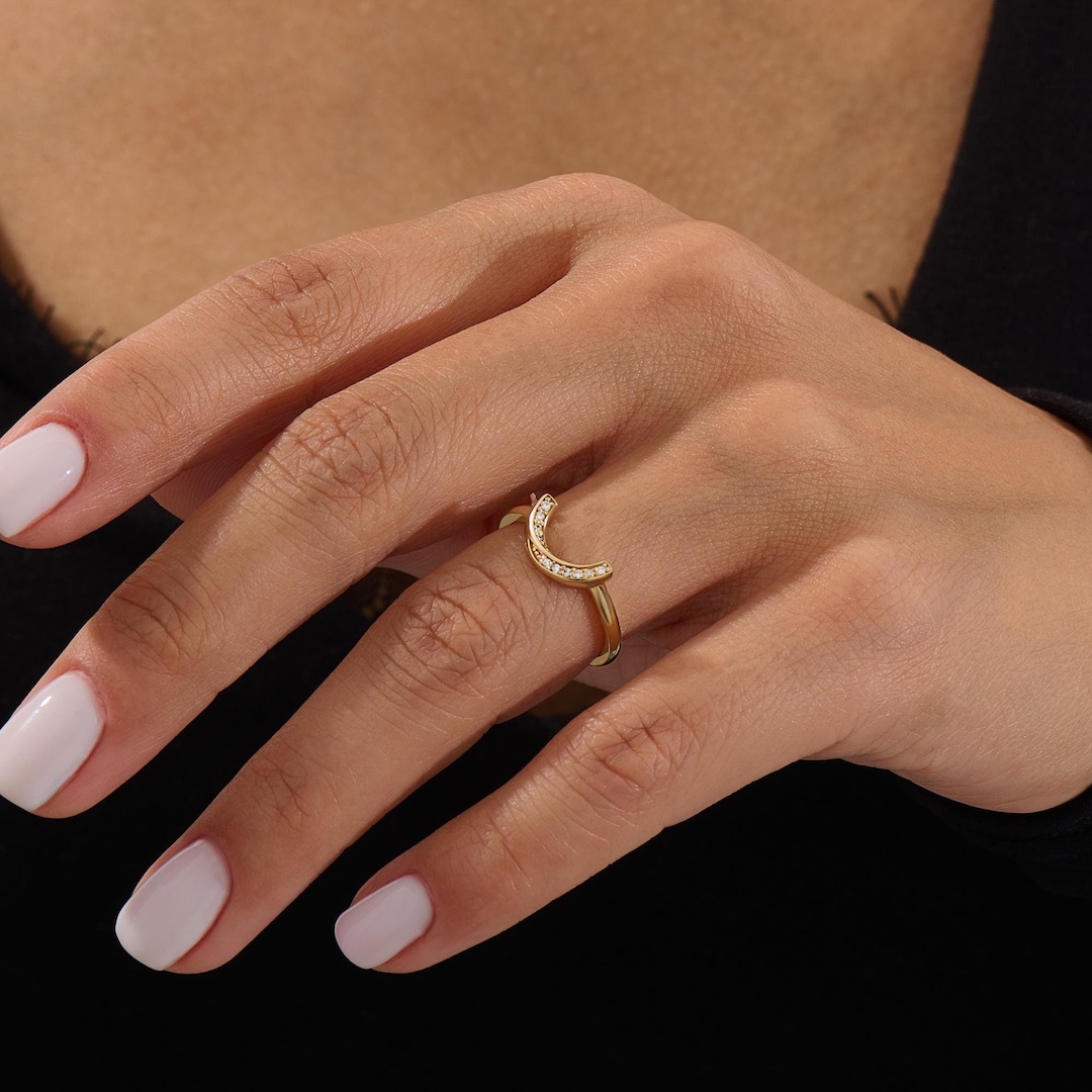 14k Gold Curved Wedding Band Solid Gold Pave Diamond Rings for Women ...