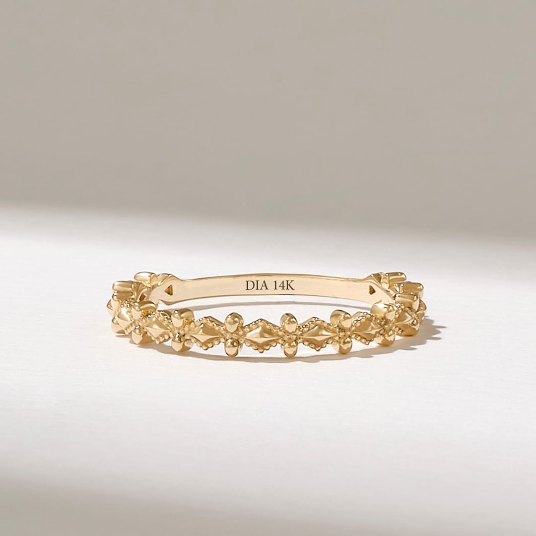 Art Deco Wedding Band 14k Gold Vintage Rhombus Eternity Ring Solid Gold ...