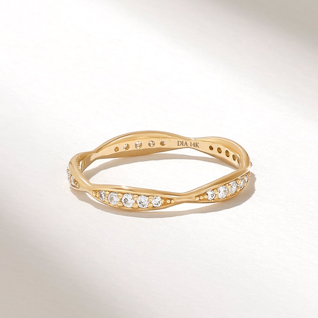 Diamond Pave Eternity Wedding Ring, Solid Gold Pinched Band, 14k ...