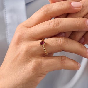 14k Solid Gold Red Tourmaline Solitaire Ring, Bezel Set Gemstone Pinky or Promise Ring, Dainty ...
