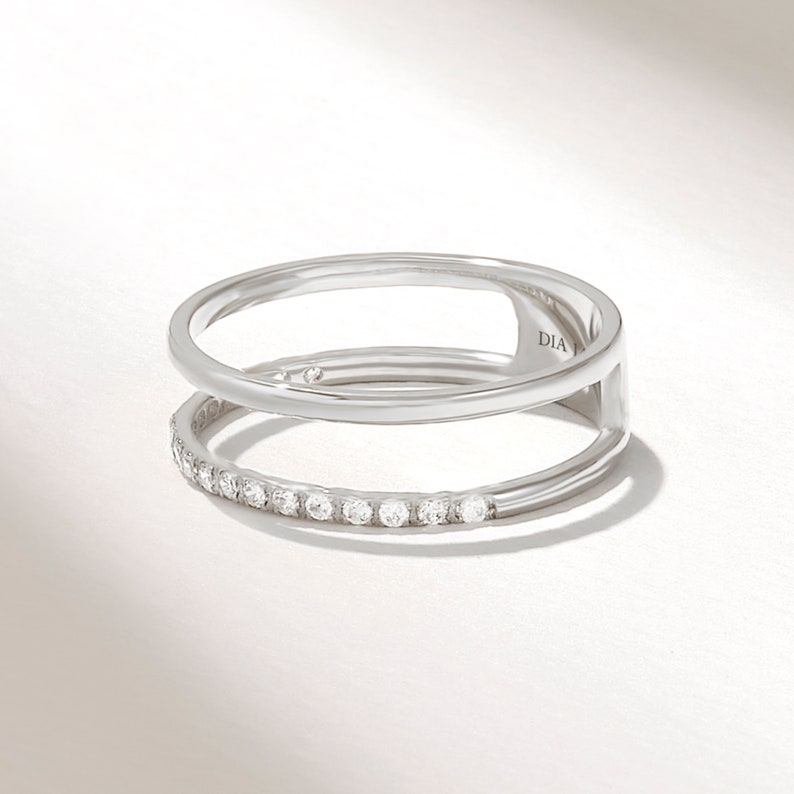 Diamond Double Band Wedding Ring, Solid Gold Half Eternity Ring, Womens ...