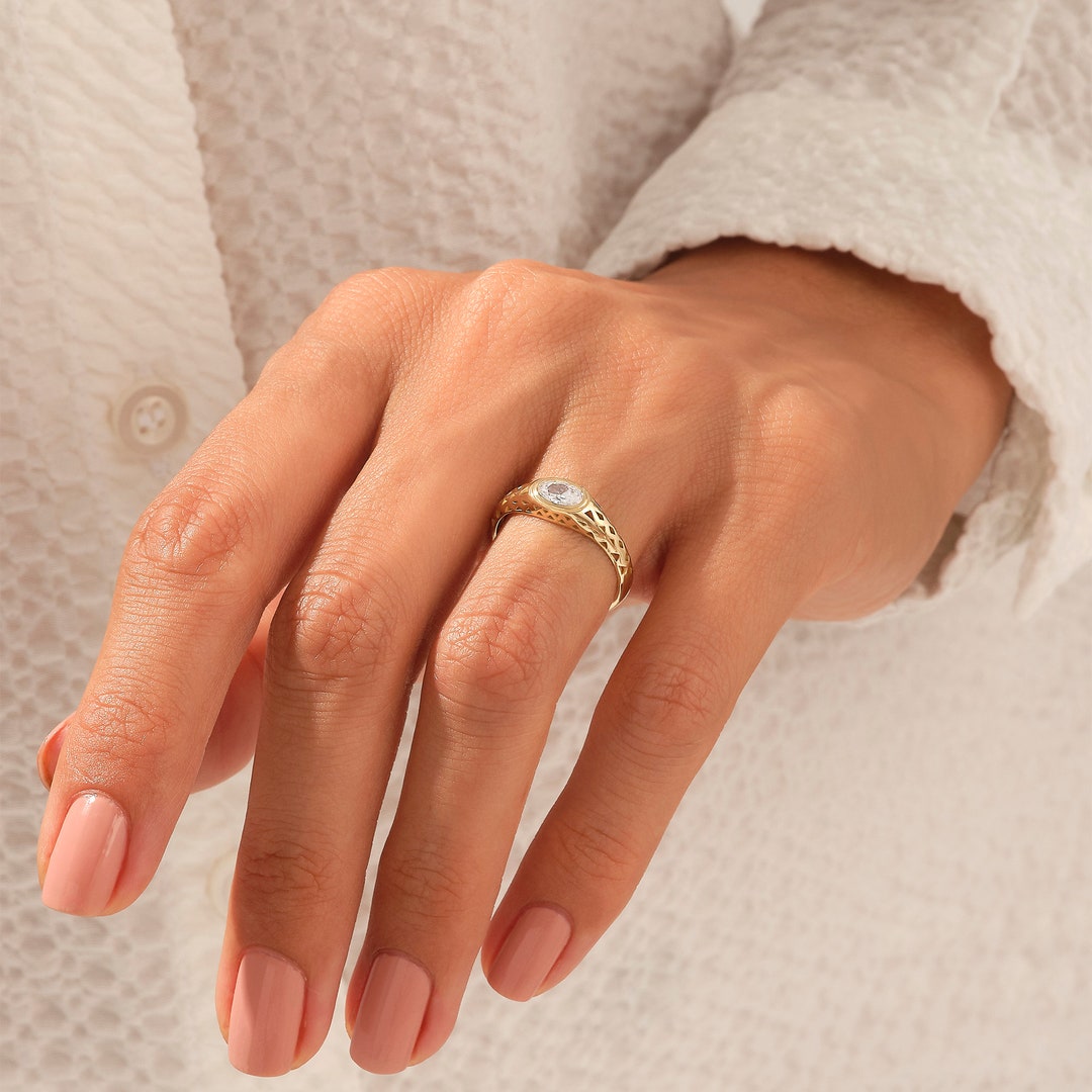 Bezel Diamond Dome Signet Ring14k Solid Gold Pinky Ring for - Etsy