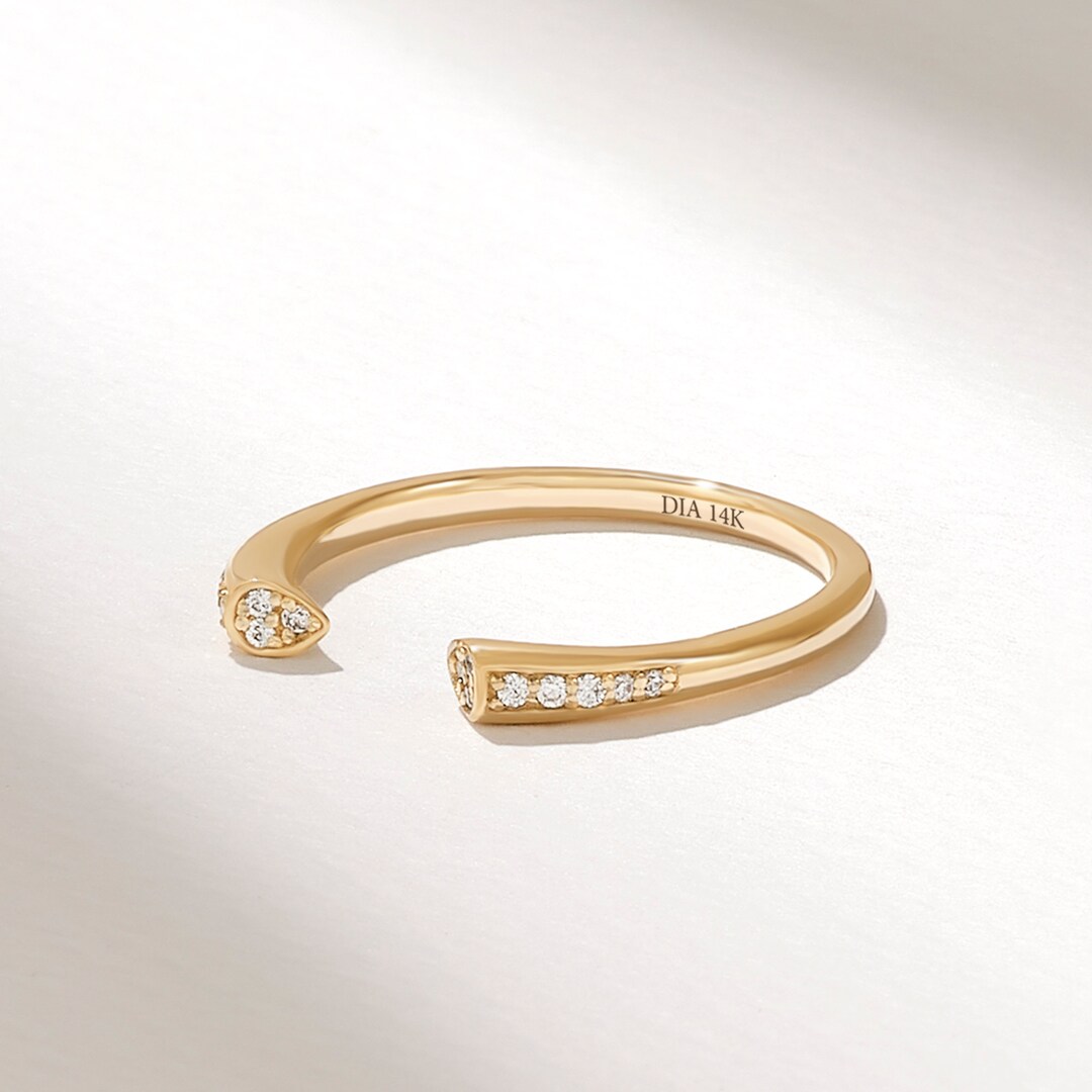 Diamond Cuff Ring, Solid Gold Open Stacking Ring, 14K Dainty Open ...