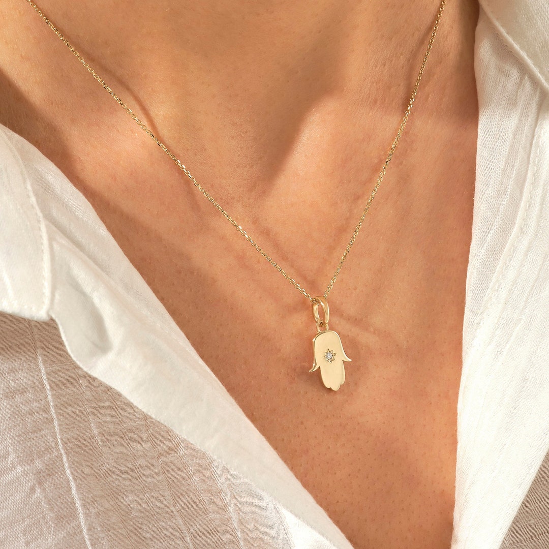 14k Gold Hamsa Hand Pendant,unique Diamond Fatima Hand Charm Necklace ...