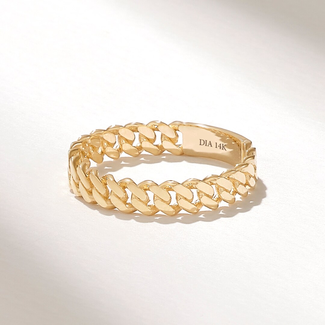 Solid Gold Cuban Chain Ring, 14k Chain Wedding Band for Women, Link ...