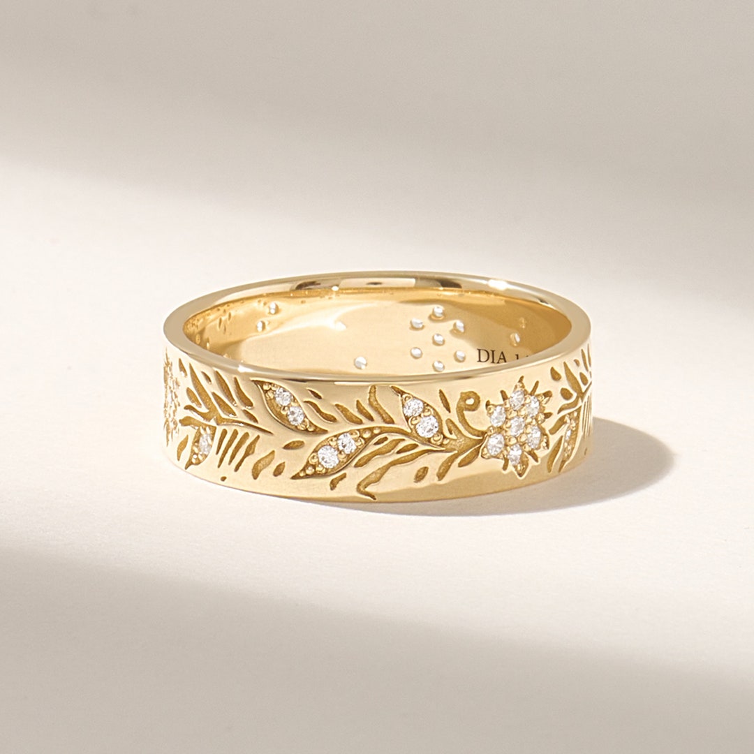 Leaf Engraved Band, 14k Gold Vine Wedding Ring, Women Marriage Band ...