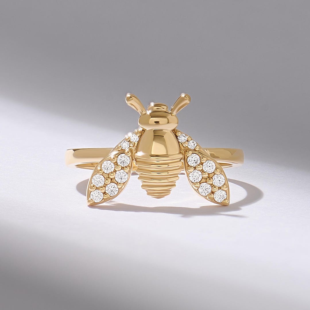 Bee Ring, 14K Solid Gold Unique Statement Ring, Pave Diamond Insect ...