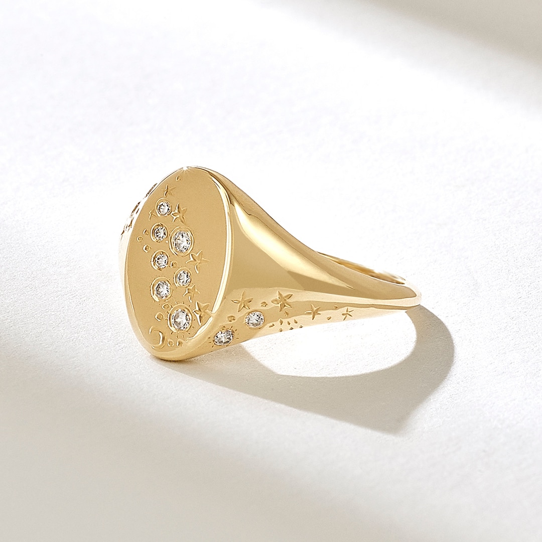 Diamond Celestial Signet Ring, 14k Solid Gold Star & Moon Dome Ring ...