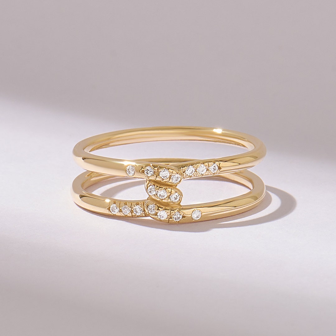 Pave Diamond Knot Ring, Solid Gold Two Band Bold Ring Women,14k Thick ...