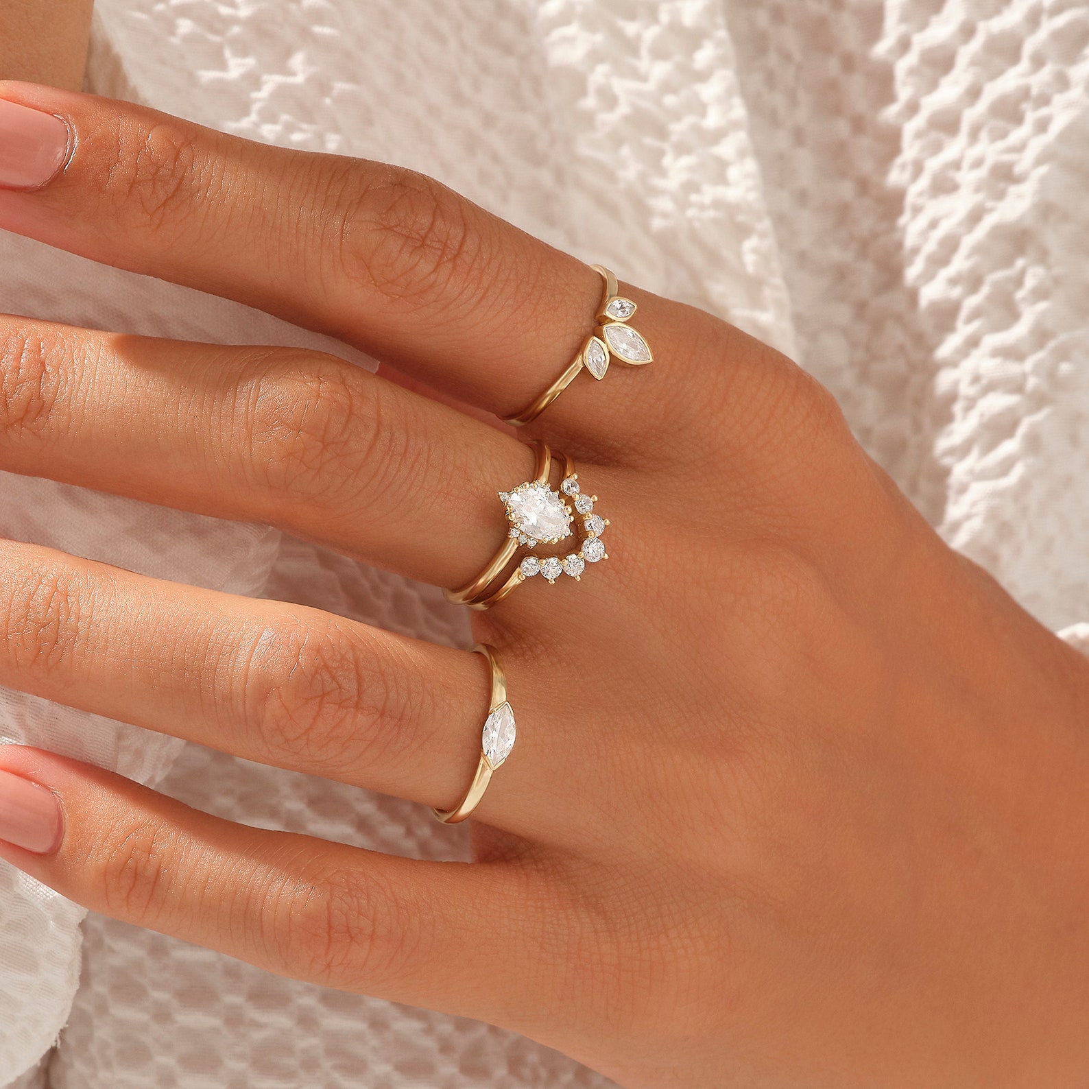 Pave Diamond Nesting Ring 14k 18k 10k Solid Gold Curved - Etsy