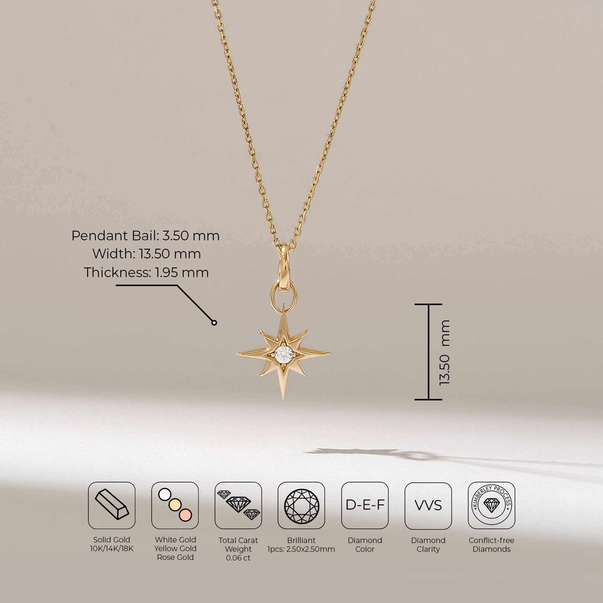 Diamond North Star Necklace, 14k Gold Celestial Pendant Diamond North Star Necklace, 14k Gold Celestial Pendant